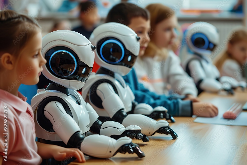 Children and robots at school. Elementary age pupils in class ...