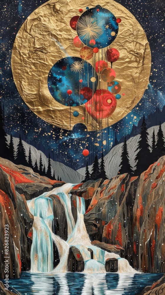 Surreal Waterfall with Cosmic Background Featuring A Gold Moon and ...