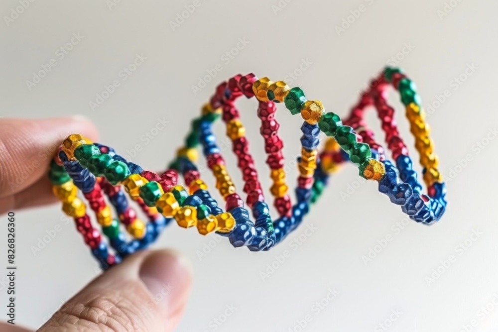Handcrafted colorful DNA model made of beads, held by hand, showcasing ...