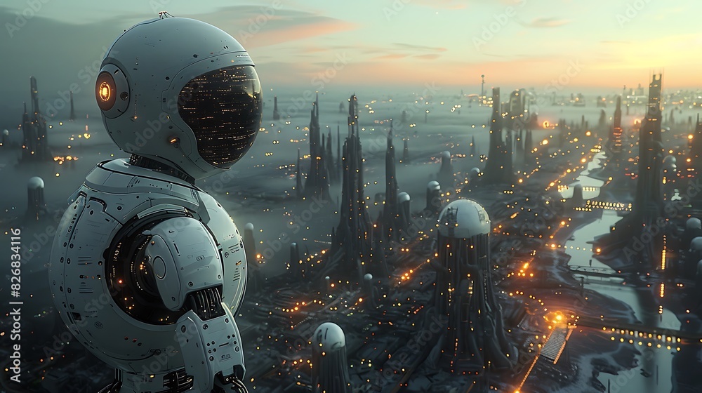 cybernetic alien with integrated AI on a metallic planet with sprawling ...