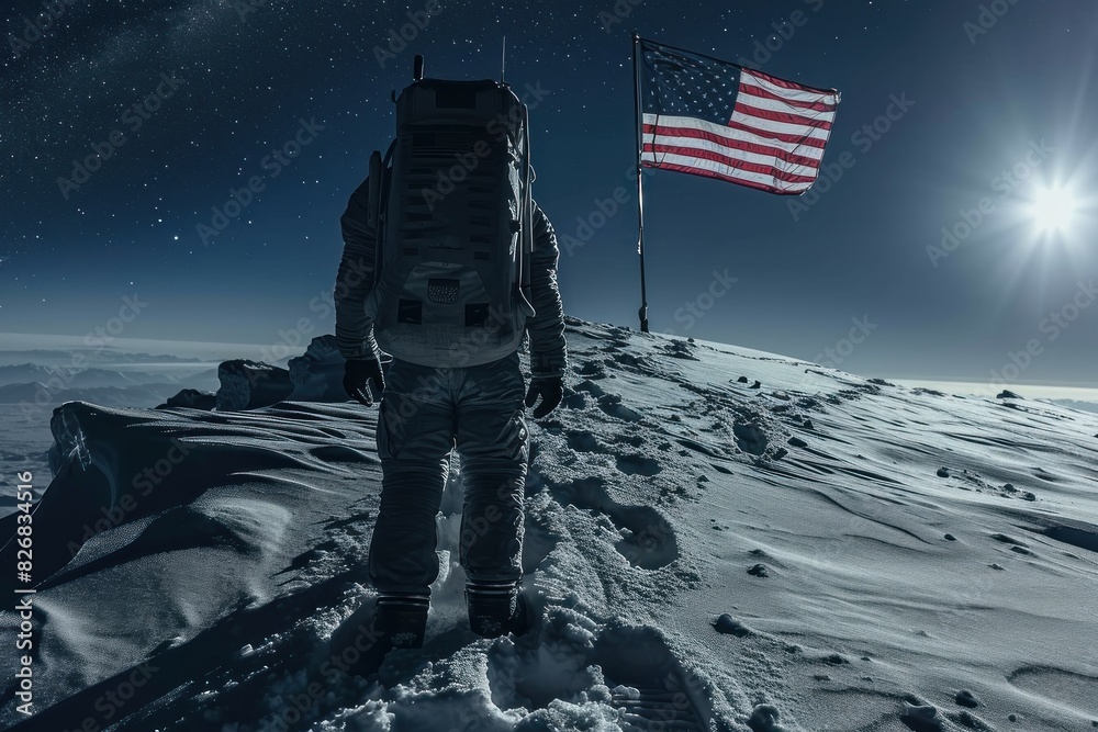 Astronaut placing an american flag on the moon, space exploration ...