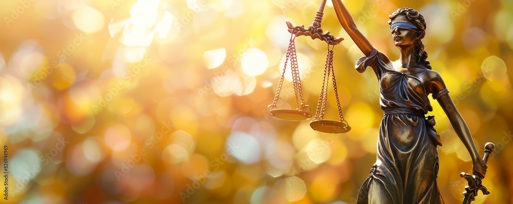 Lady Justice statue holding scales of justice against a golden bokeh ...