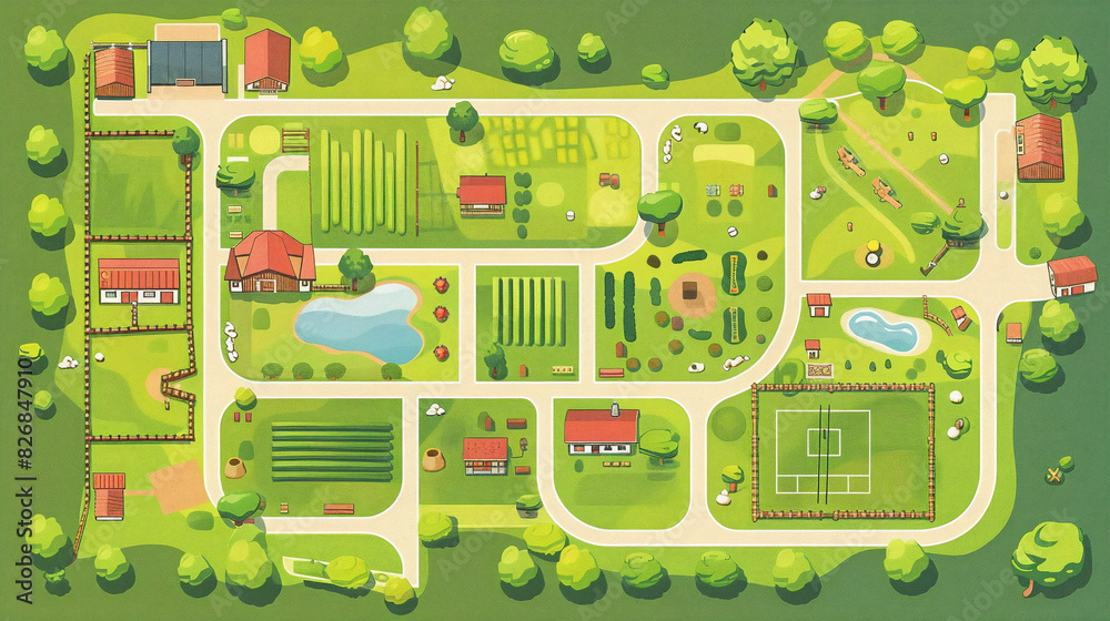 cute style cartoon map of the farm, simple lines, green background ...
