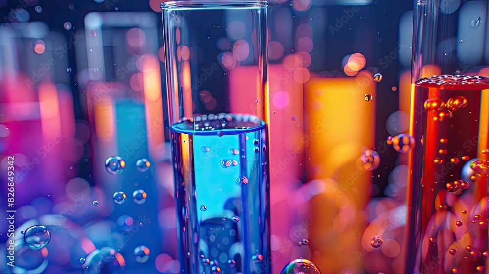 Colorful test tubes and beakers filled with bubbling liquids against a ...