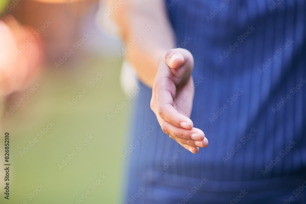 Person, hand and welcome handshake with pov for greeting, agreement and ...