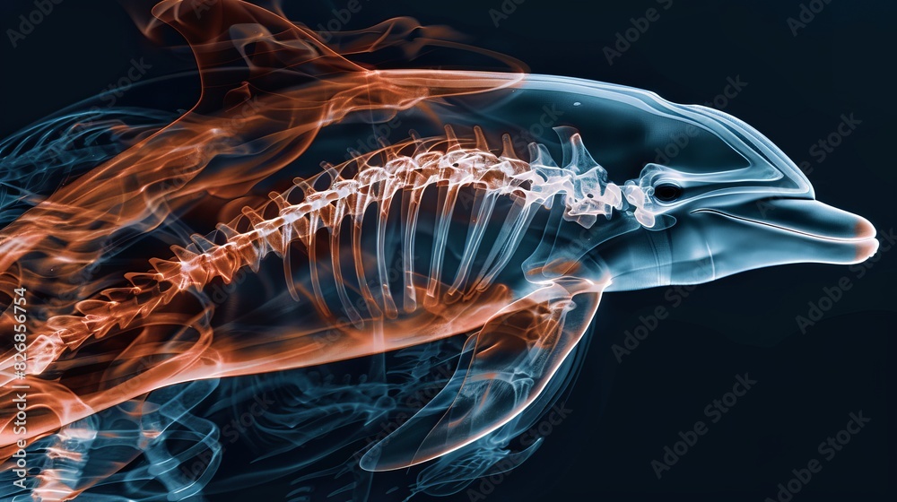 X-ray film of a dolphins fin detailing bone structure and alignment. X ...