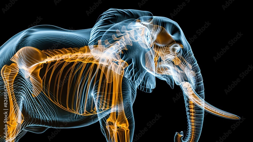 X-ray film of elephant lateral view closed up in head and half body ...