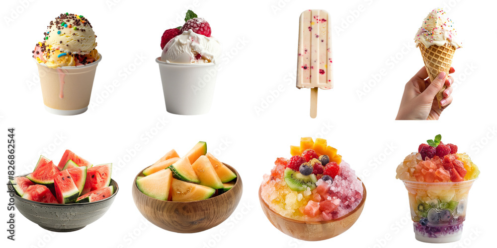 Summer food icecream, shaved and fruit png collection set no background ...