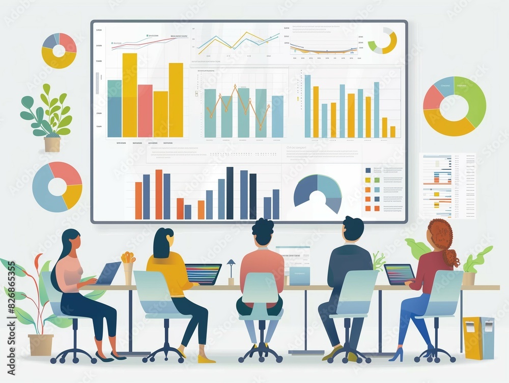 Editorial style, Illustrator, Business Meeting with the graph including ...