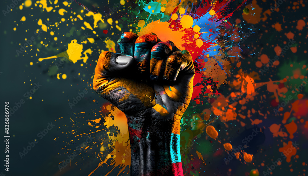Powerful fist raised in celebration of Juneteenth with vivid paint ...