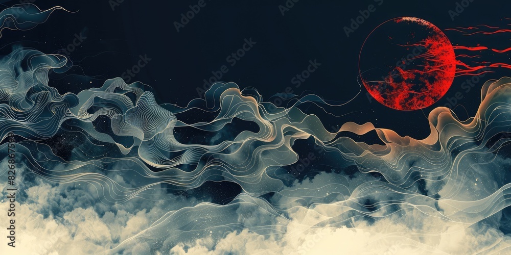 Abstract digital art featuring a dark night sky with wispy clouds and a ...