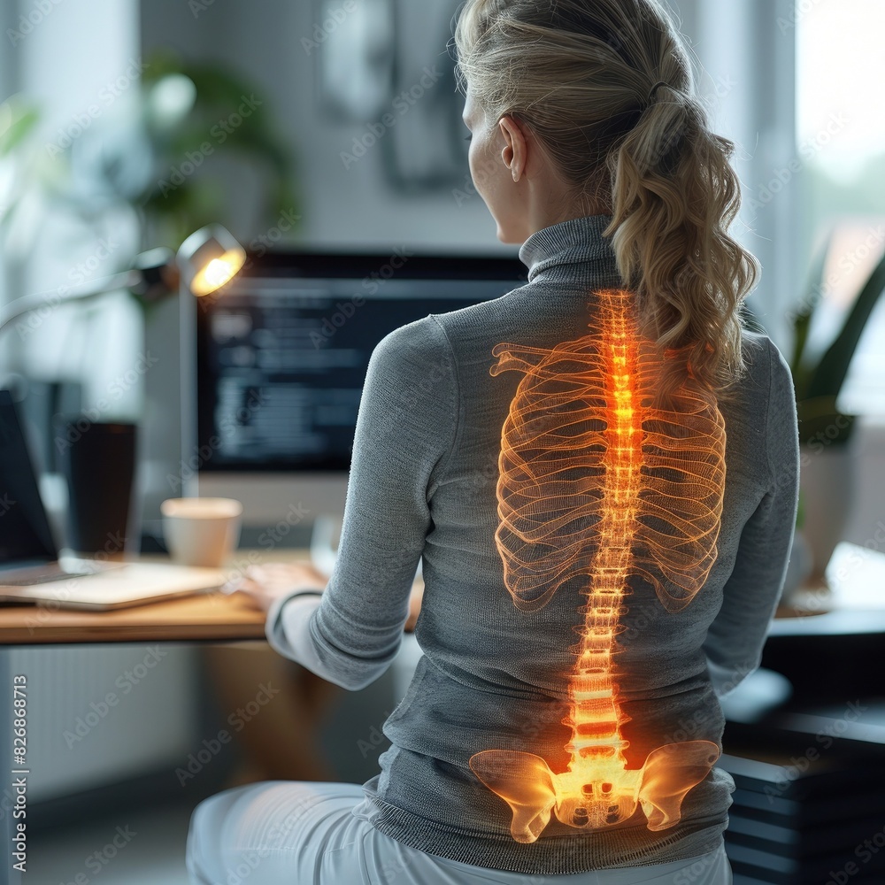 Woman working at a desk with X-ray visualization of her spine ...