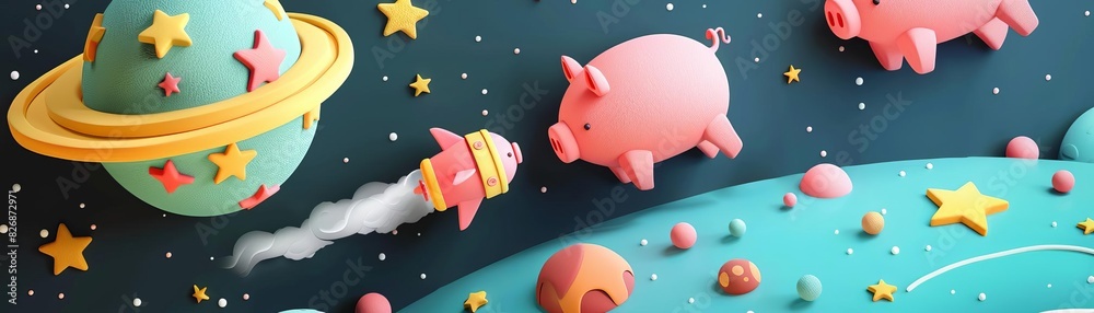 A cute illustration of a pig in space. The pig is wearing a spacesuit ...