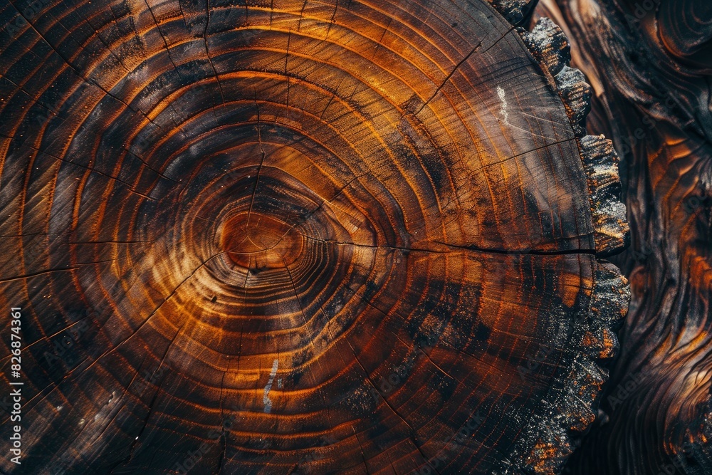 Old wooden oak tree cut surface. Detailed warm dark brown and orange ...