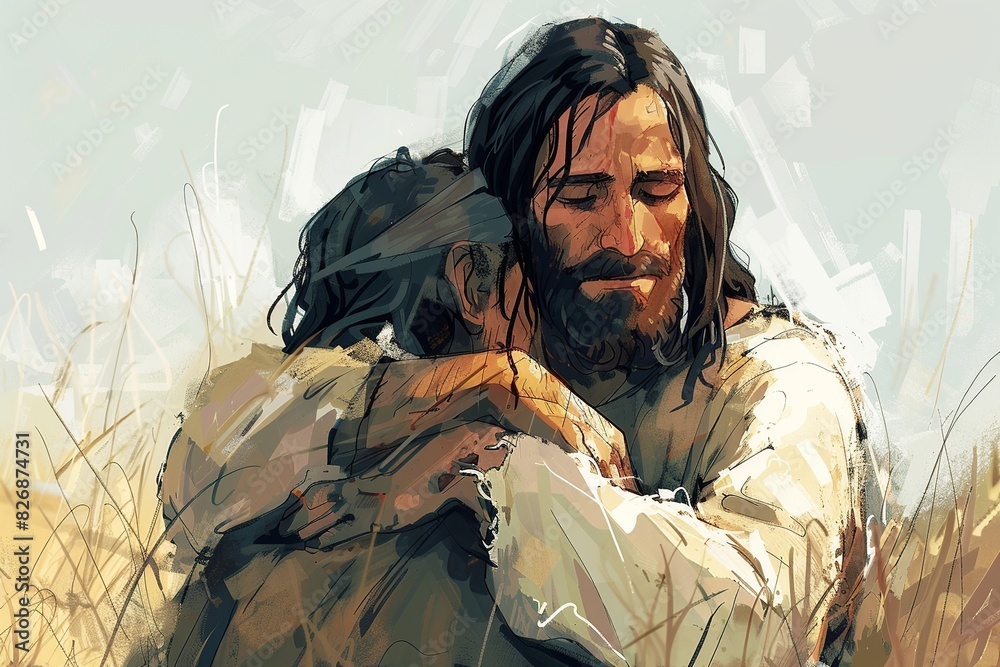Illustrate a touching cartoon scene portraying Jesus tenderly embracing ...