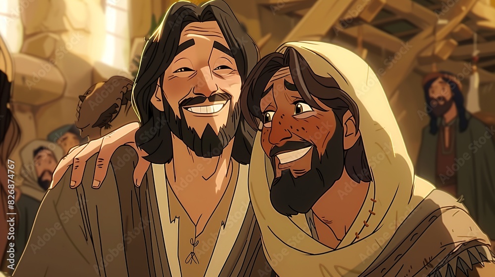 Illustrate a touching cartoon scene portraying Jesus tenderly embracing ...