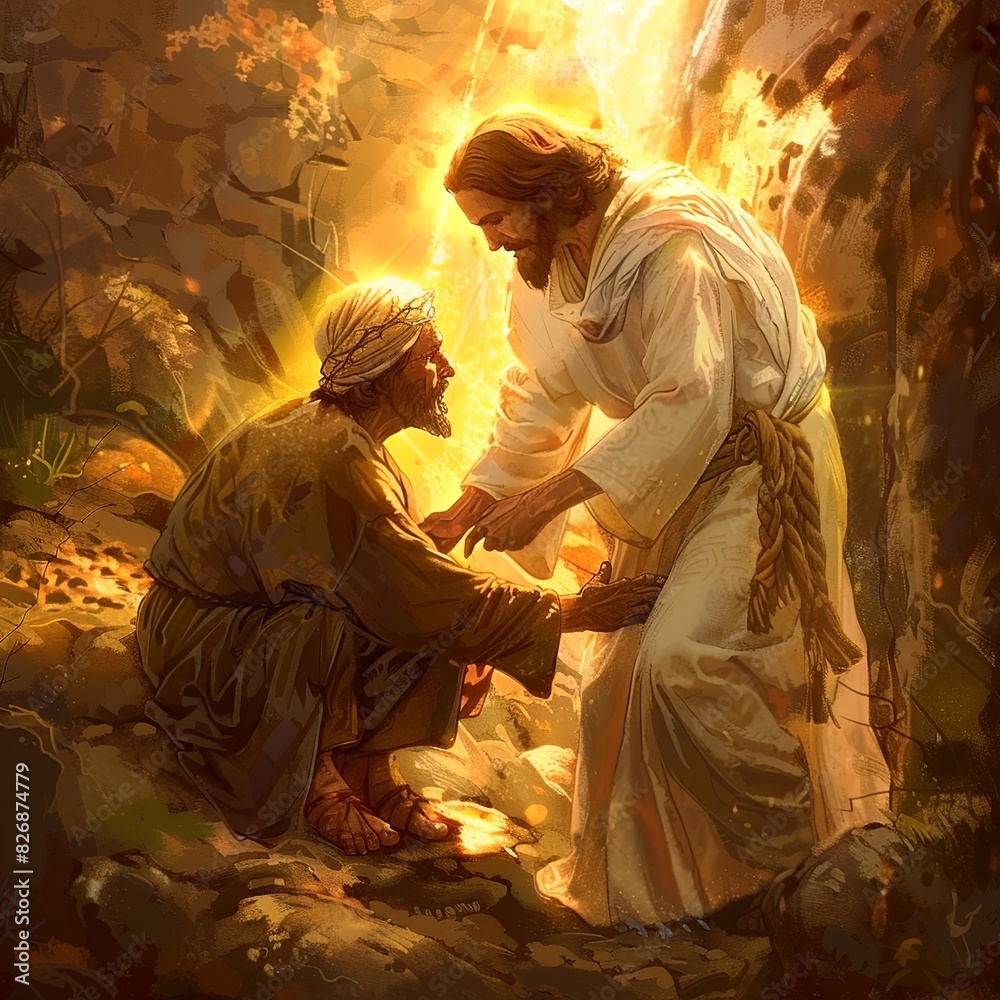 Illustrate a touching cartoon scene portraying Jesus tenderly embracing ...