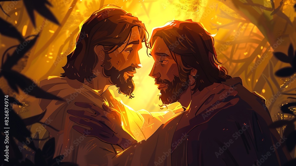 Illustrate a touching cartoon scene portraying Jesus tenderly embracing ...