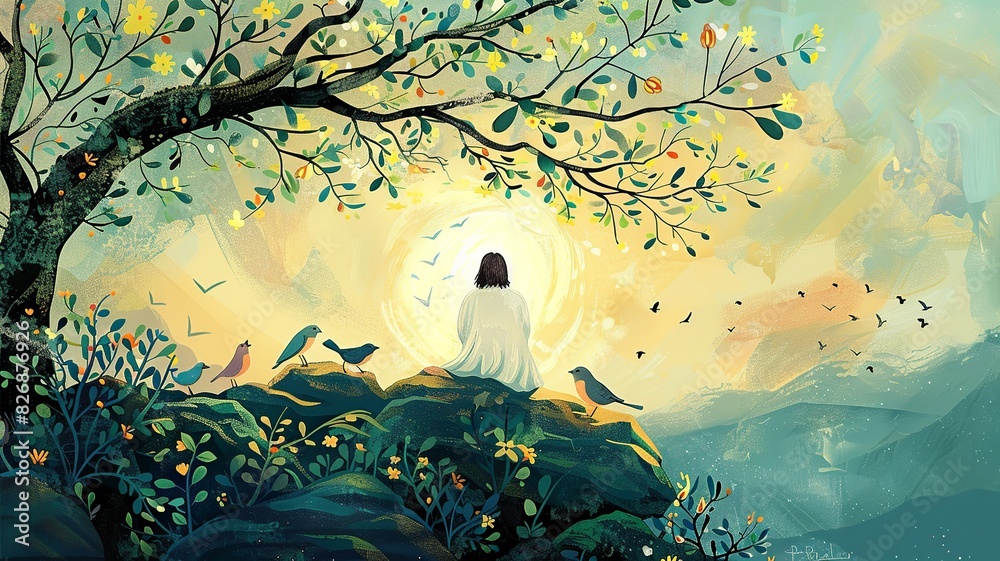 Capture the endearing cartoon scene of Jesus deep in prayer on the ...