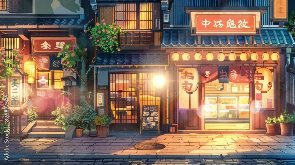 the atmosphere of a typical Japanese shop at night on the outskirts of ...