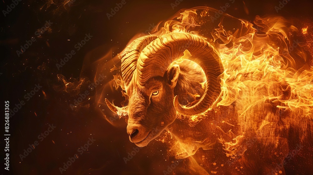 An illustration of a ram with fire around it. The ram is facing the ...