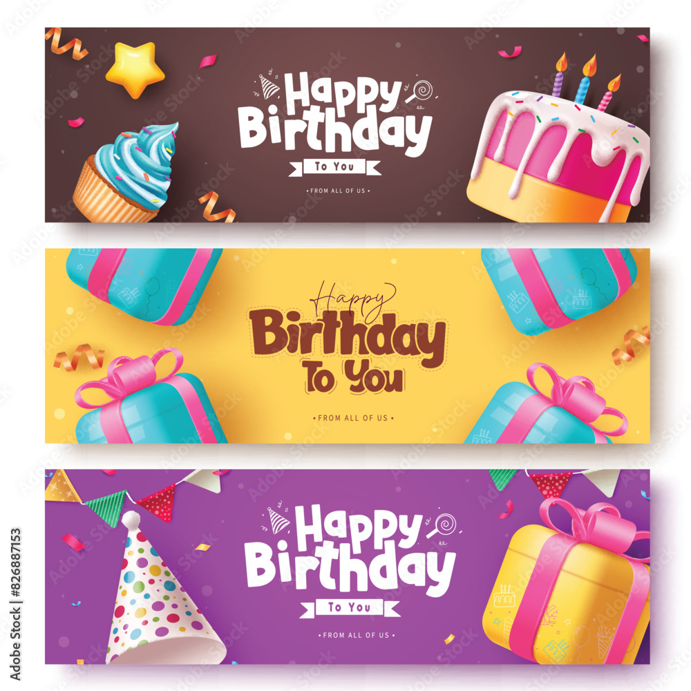 Happy birthday vector banner set design. Birthday greeting text with ...