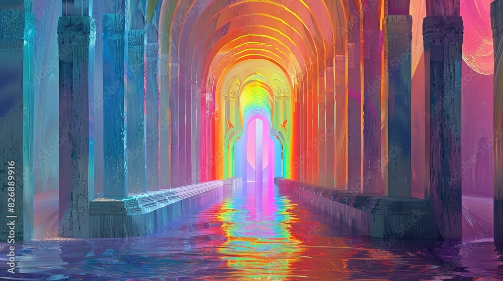 Vibrant spectrum arches transforming into a gateway, merging ...