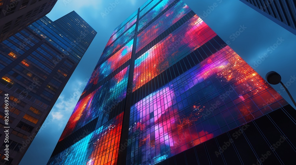 A skyscraper facade adorned with interactive digital art displays ...
