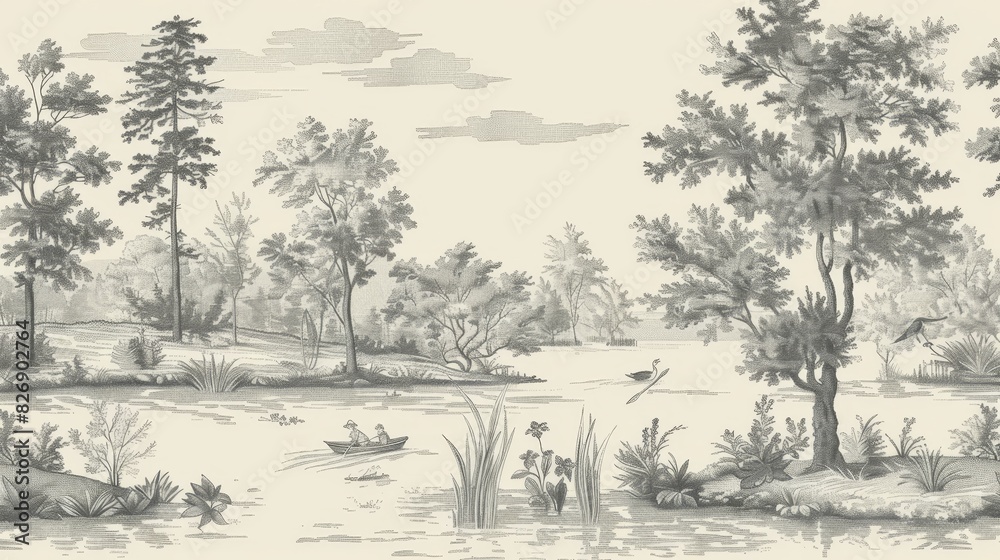 Toile de Jouy pattern with landscape scene - A black and white toile ...