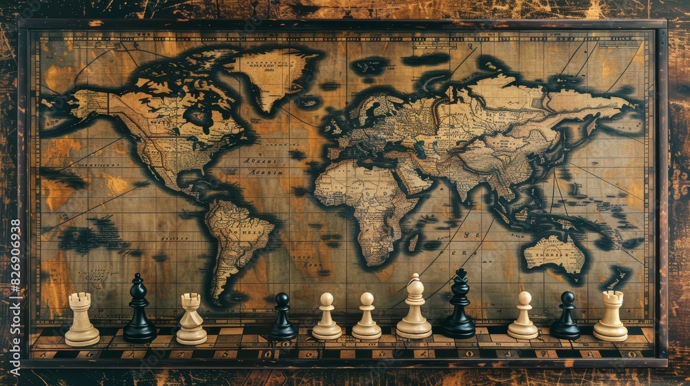 World map on aged paper with chessboard - An overhead view of a ...
