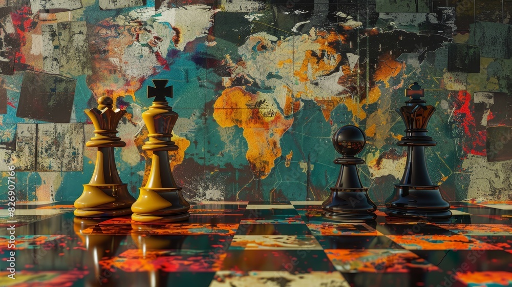 Chess pieces facing off on artistic map - Chess pieces set on a board ...