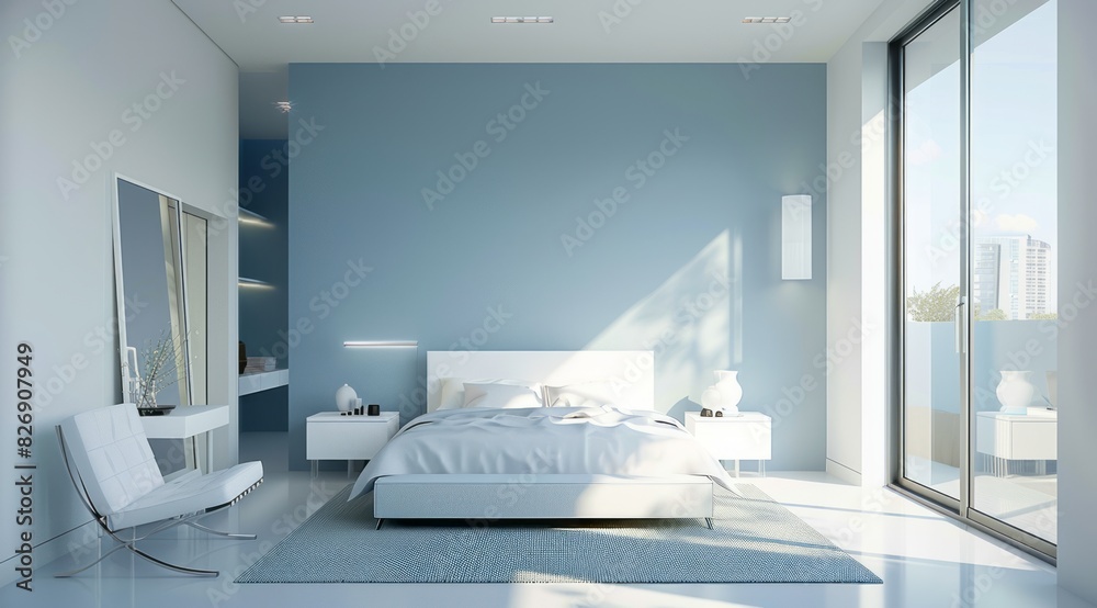 Minimalist blue bedroom featuring a light blue accent wall, modern ...
