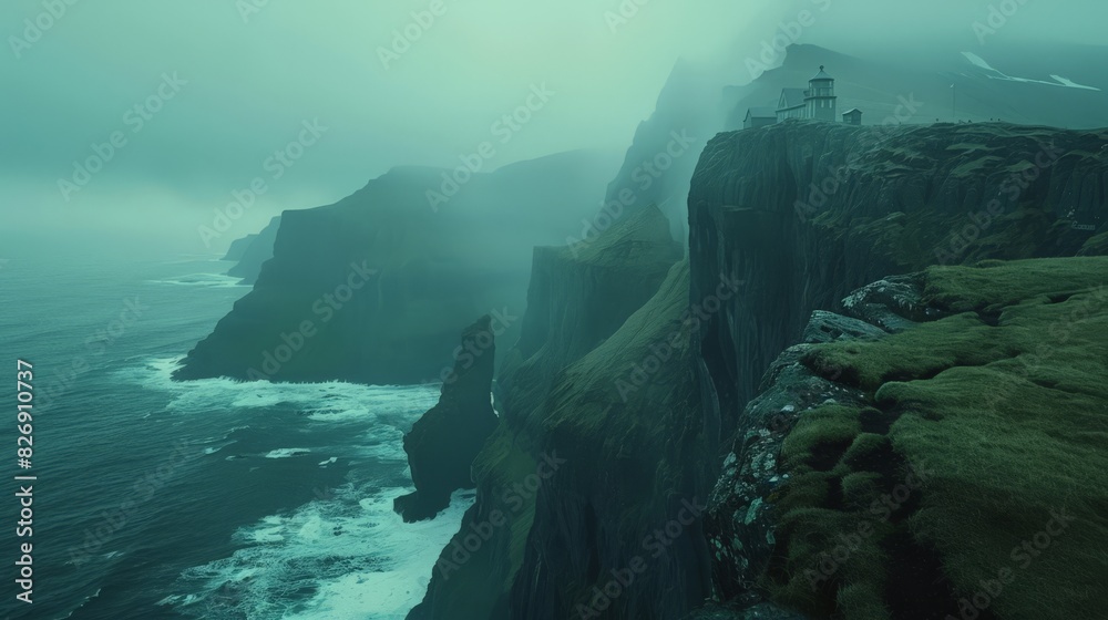 Atop Mykines Holmur, the lighthouse overlooks the dramatic cliffs and ...