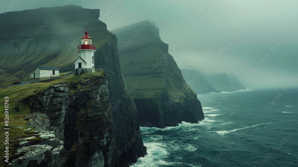 Atop Mykines Holmur, the lighthouse overlooks the dramatic cliffs and ...