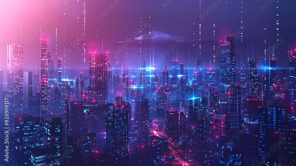 A digital transformation conceptual image featuring a futuristic cityscape with holographic data ...