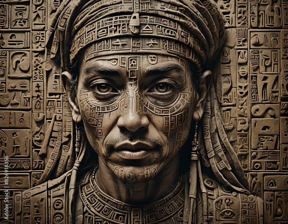 illustration of ancient Egyptian model with hieroglyphs in relief ...