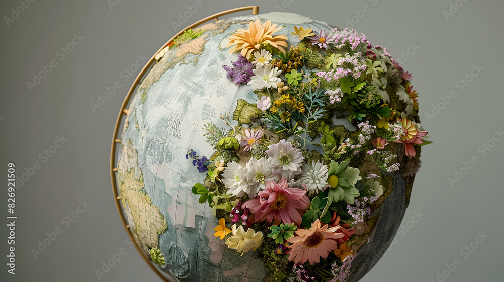 A weathered globe with continents made of different types of flowers ...