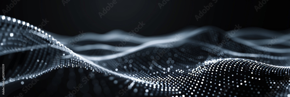 black background with white lines wave dots representing digital binary data. Concept for big ...