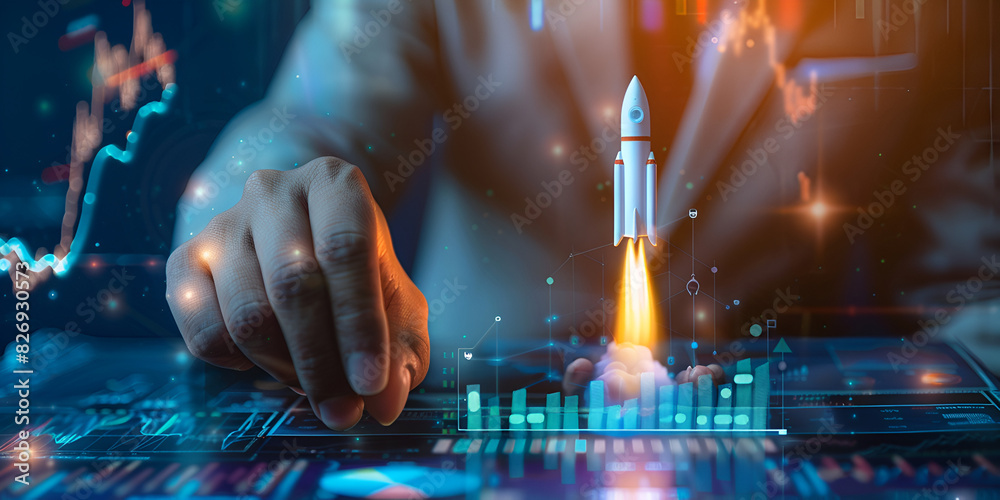 Businessman hand touching rocket launch business concept business ...