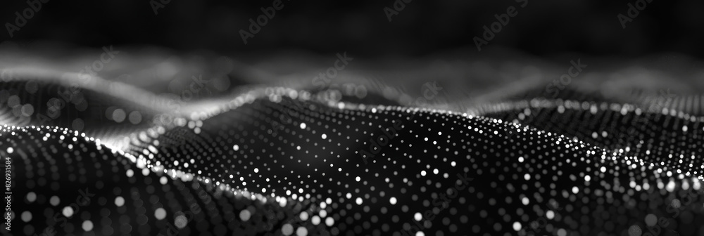 black background with white lines wave dots representing digital binary data. Concept for big ...