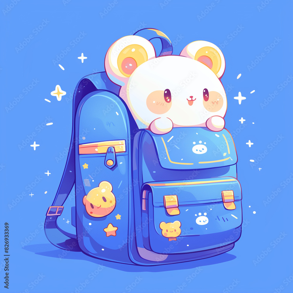 anime illustration of a blue backpack with a teddy bear inside, school ...