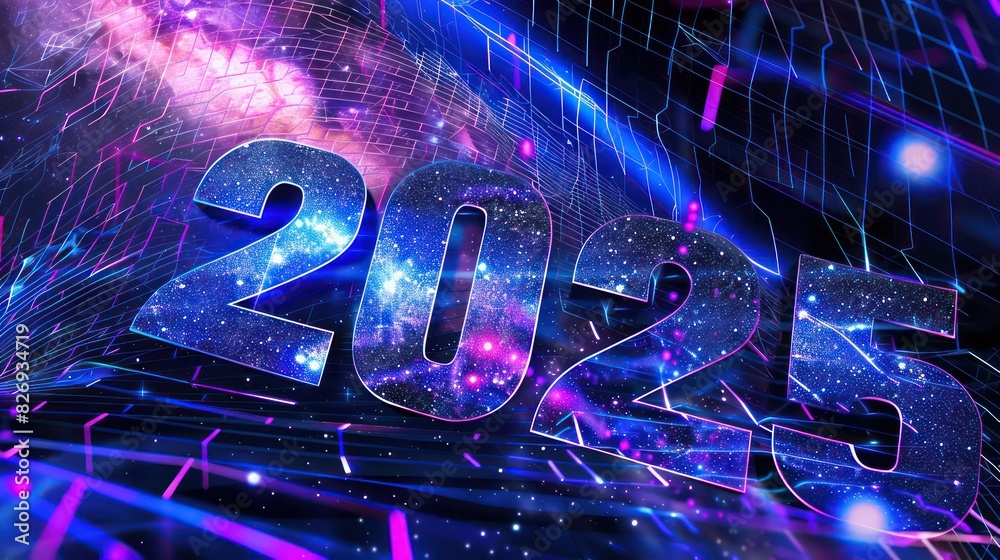"2025" in vibrant blue and pink and purple overlayed on a digitized ...