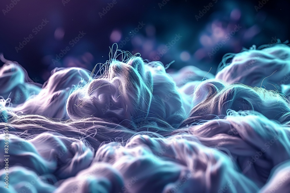 Cotton fibers under the microscope their fluffy clouds entwining to ...