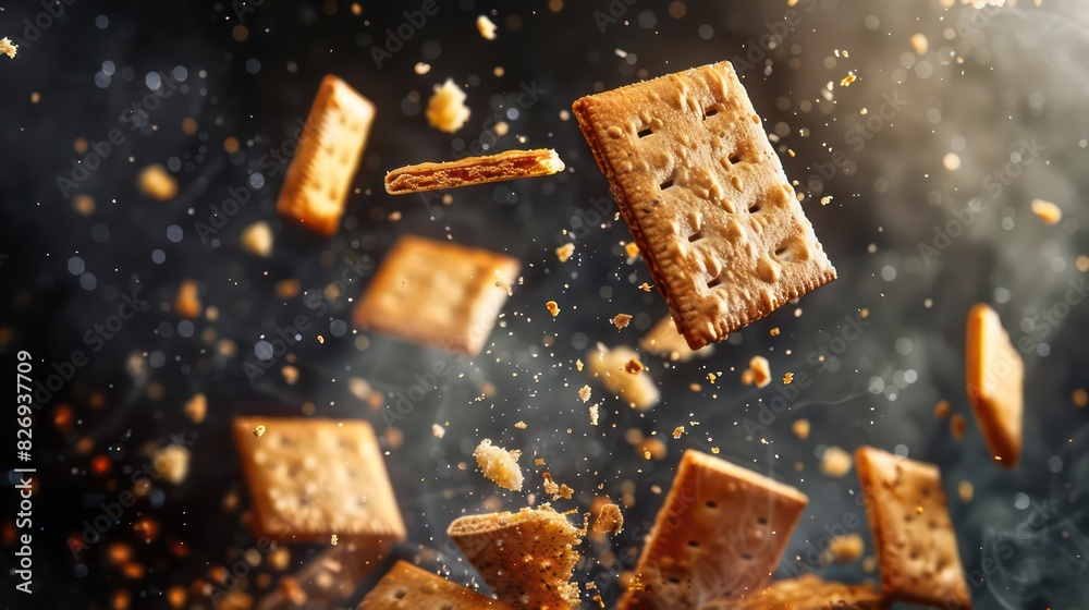 cracker wallpaper breaking in suspension in the air and with crumbs ...