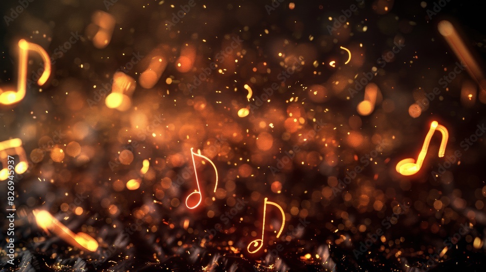 holographic musical notes floating in a dark space, moving to an unseen ...
