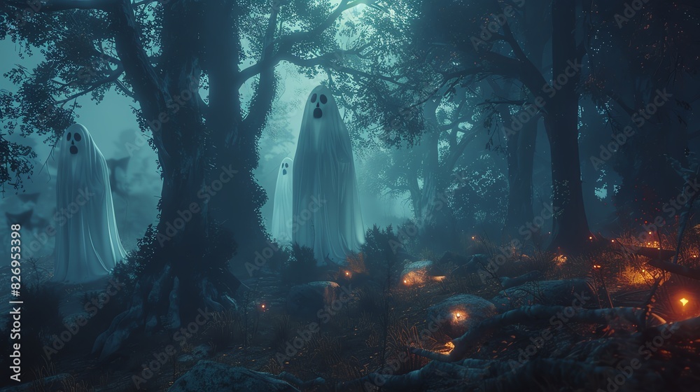 Mysterious Ghostly Figures and Eerie Lighting in a 3D Haunted Forest ...