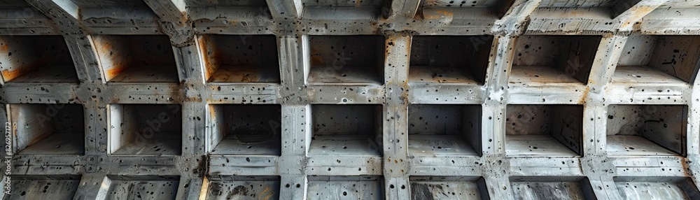 A concrete ceiling with a raw, unfinished look, displaying the patterns ...
