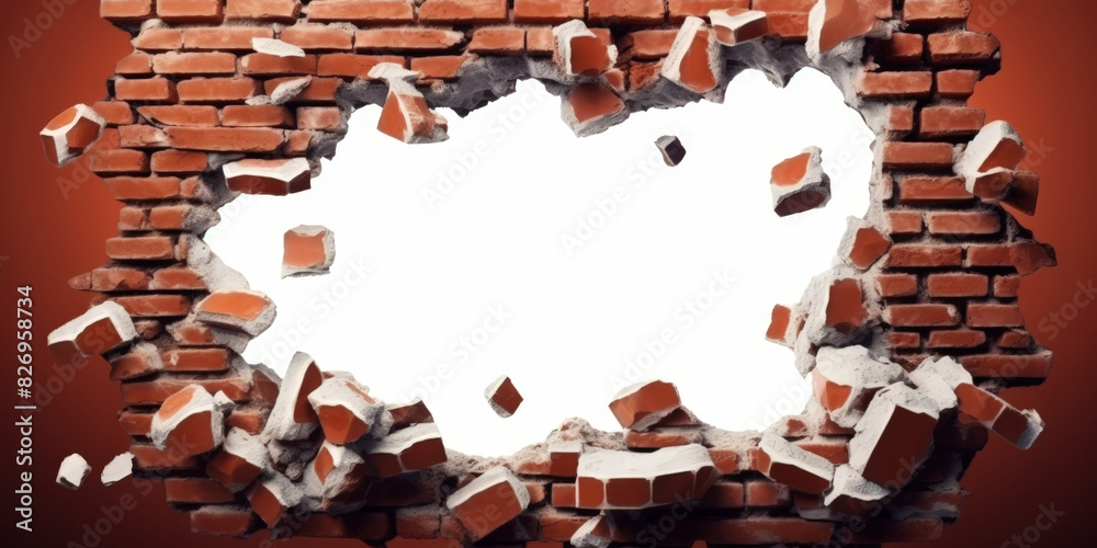 Broken red brick wall with a large hole in the center, showcasing rough ...