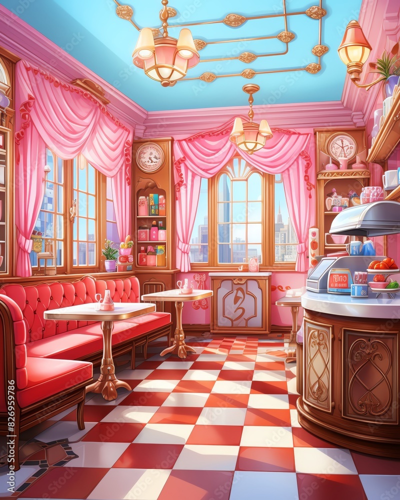 A cozy ice cream parlor from the 1950s, with checkered floors, red ...