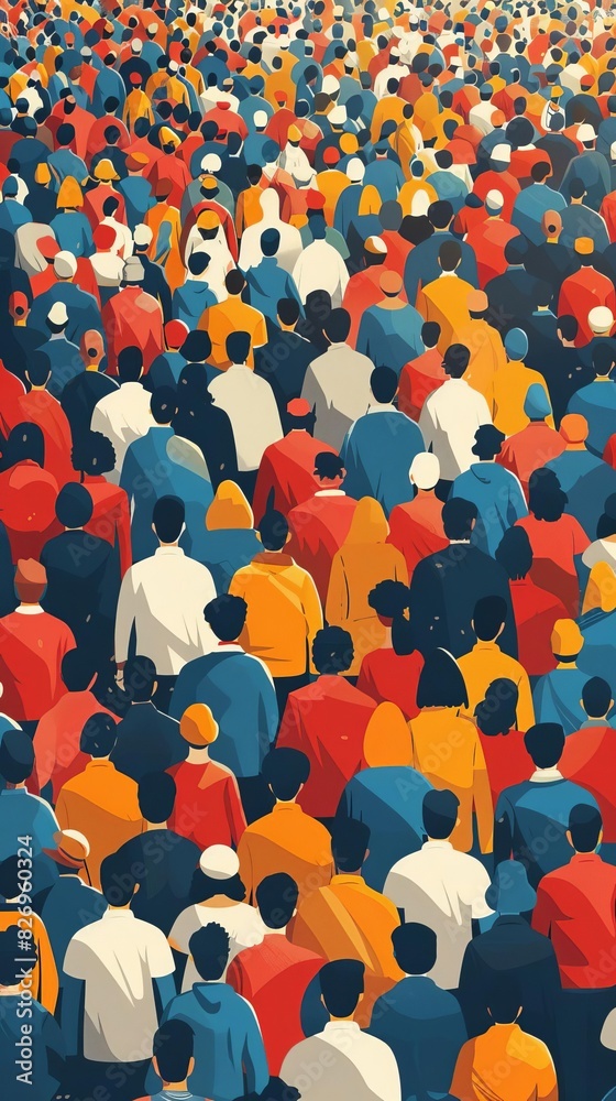 Colorful abstract art showing a large crowd of faceless people ...